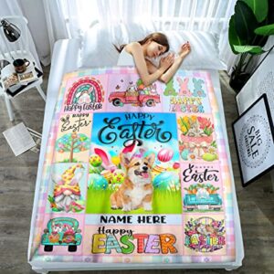 PREZZY Happy Easter Dog Blanket Cute Pembroke Welsh Corgi Rabbit Throw Blanket Custom Gifts for Dog Lover Pascha Spring Floral Holiday Thanksgiving Decoration for Sofa Couch Bed Living Room