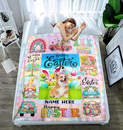 PREZZY Happy Easter Dog Blanket Cute Pembroke Welsh Corgi Rabbit Throw Blanket Custom Gifts for Dog Lover Pascha Spring Floral Holiday Thanksgiving Decoration for Sofa Couch Bed Living Room