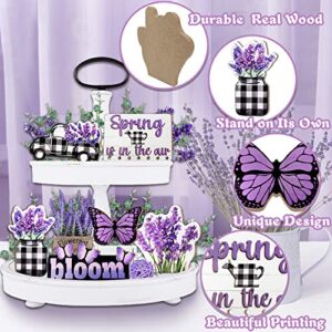 Uruney Spring Tiered Tray Decor, 6PCs Lavender Spring Decor Lavender Flower Bloom Butterfly Truck Buffalo Plaid Wooden Table Signs, Rustic Farmhouse Spring Decorations for Home Kitchen Spring Holiday