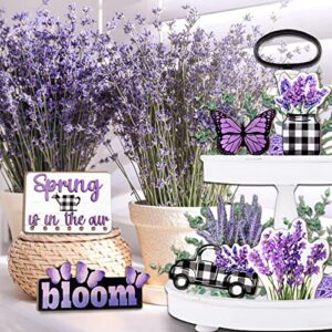 Uruney Spring Tiered Tray Decor, 6PCs Lavender Spring Decor Lavender Flower Bloom Butterfly Truck Buffalo Plaid Wooden Table Signs, Rustic Farmhouse Spring Decorations for Home Kitchen Spring Holiday