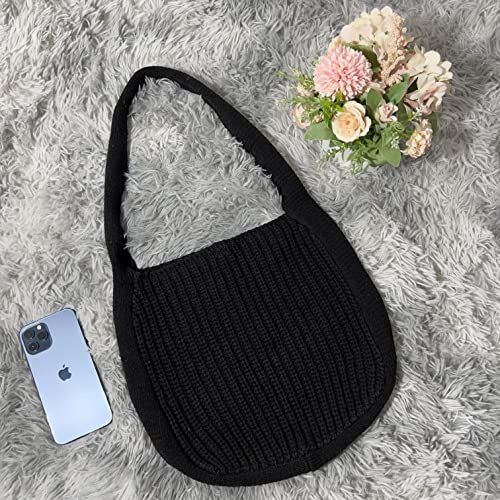 Hobo Knit Crochet Tote Bag for Women Handmade Woven Aesthetic Women's Cute Casual High Capacity Shoulder Handbags for Shopping Travelling Beach (Black)