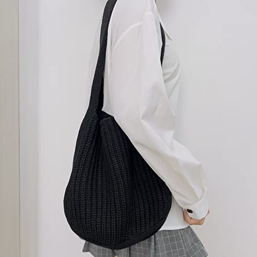 Hobo Knit Crochet Tote Bag for Women Handmade Woven Aesthetic Women's Cute Casual High Capacity Shoulder Handbags for Shopping Travelling Beach (Black)