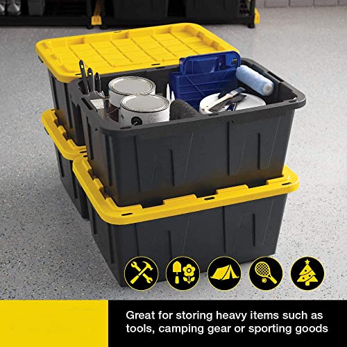 BLACK & YELLOW 27-Gallon Tough Storage Containers with Secure Snap Lid, Stackable, Extremely Durable, Nestable, 4 Pack