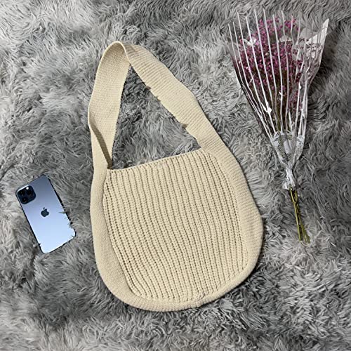 Hobo Knit Crochet Tote Bag for Women Handmade Woven Aesthetic Women's Cute Casual High Capacity Shoulder Handbags for Shopping Travelling Beach (White)