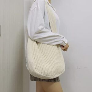 Hobo Knit Crochet Tote Bag for Women Handmade Woven Aesthetic Women's Cute Casual High Capacity Shoulder Handbags for Shopping Travelling Beach (White)