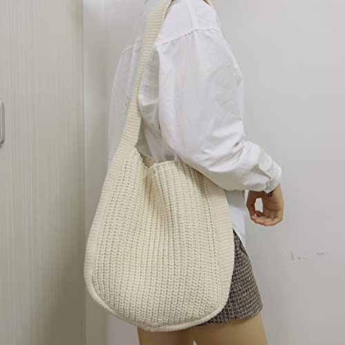 Hobo Knit Crochet Tote Bag for Women Handmade Woven Aesthetic Women's Cute Casual High Capacity Shoulder Handbags for Shopping Travelling Beach (White)