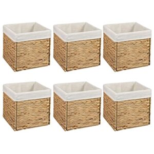 wicker storage basket – 6 pcs large cube water hyacinth hand woven baskets for storage organizing, foldable wicker laundry baskets bins with linings, nature decorative book shelf pantry gift baskets