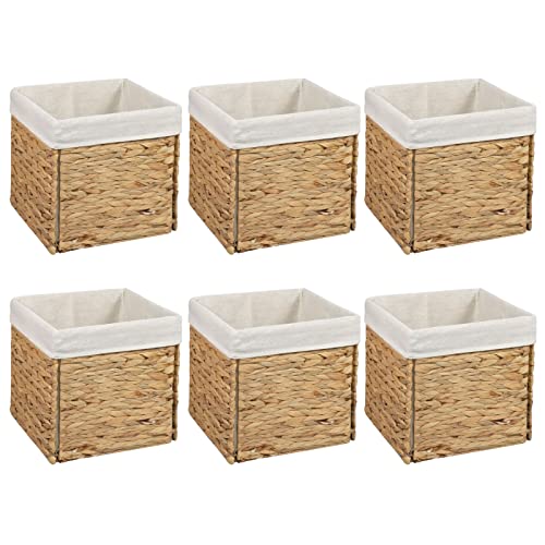 Wicker Storage Basket - 6 pcs Large Cube Water Hyacinth Hand Woven Baskets for Storage Organizing, Foldable Wicker Laundry Baskets Bins with Linings, Nature Decorative Book Shelf Pantry Gift Baskets