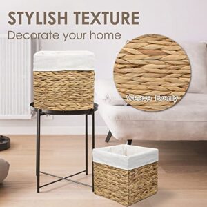 Wicker Storage Basket - 6 pcs Large Cube Water Hyacinth Hand Woven Baskets for Storage Organizing, Foldable Wicker Laundry Baskets Bins with Linings, Nature Decorative Book Shelf Pantry Gift Baskets