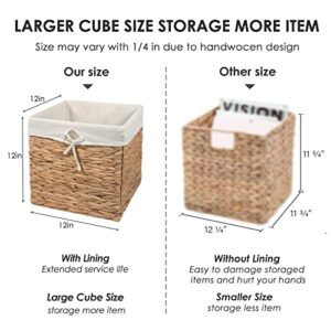 Wicker Storage Basket - 6 pcs Large Cube Water Hyacinth Hand Woven Baskets for Storage Organizing, Foldable Wicker Laundry Baskets Bins with Linings, Nature Decorative Book Shelf Pantry Gift Baskets