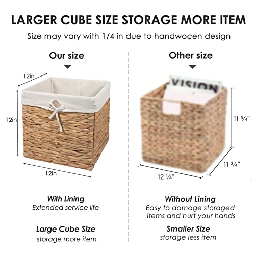 Wicker Storage Basket - 6 pcs Large Cube Water Hyacinth Hand Woven Baskets for Storage Organizing, Foldable Wicker Laundry Baskets Bins with Linings, Nature Decorative Book Shelf Pantry Gift Baskets