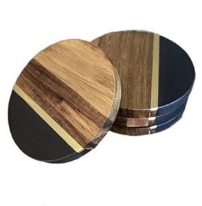 black slate & acacia wood coasters with brass inlay, set of 4