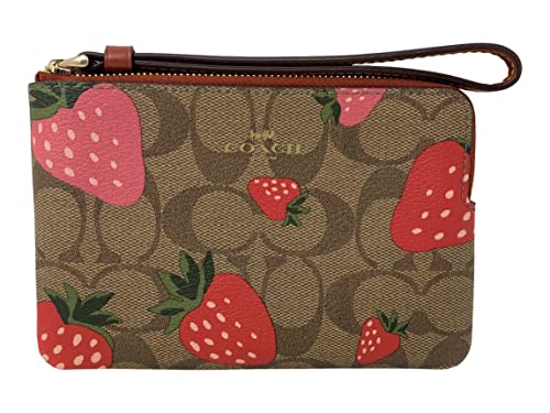 COACH Signature Corner Zip Wristlet with Strawberry Print Khaki Style No. CH166