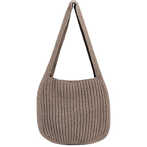 Fairy Grunge Crochet Tote Bag Knitted Hobo Bag Aesthetic Shoulder Bag Trendy Purse Fairycore Accessories for women (Khaki)