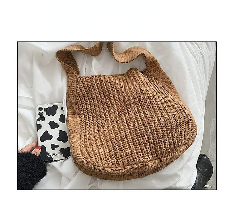 Fairy Grunge Crochet Tote Bag Knitted Hobo Bag Aesthetic Shoulder Bag Trendy Purse Fairycore Accessories for women (Khaki)