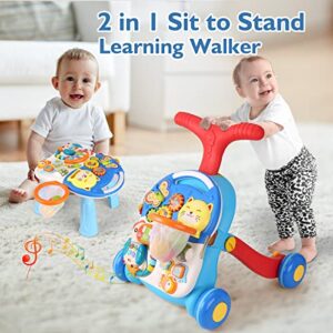 Eners Sit to Stand Baby Learning Walker with Wheels, Baby Activity Walker, 2 in 1 Baby Push Walkers and Activity Center, Musical Walking Toys, Walker for Baby Boy Girl (Blue)