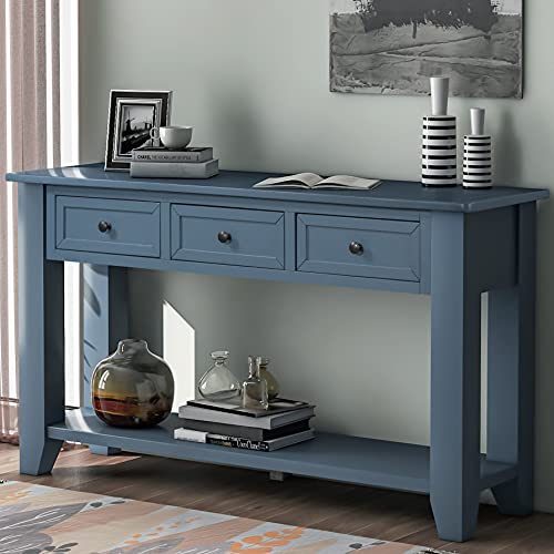 Farmhouse Modern 55 Inch Console Table Wood Sofa Entry Table with Drawers & Open Shelf for Living Room Entryway Bedroom (Blue)