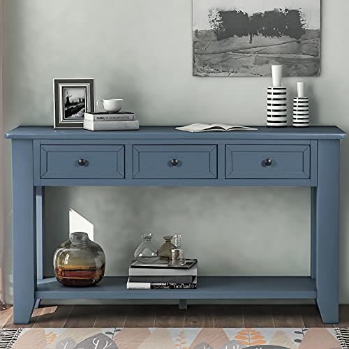 Farmhouse Modern 55 Inch Console Table Wood Sofa Entry Table with Drawers & Open Shelf for Living Room Entryway Bedroom (Blue)