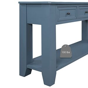 Farmhouse Modern 55 Inch Console Table Wood Sofa Entry Table with Drawers & Open Shelf for Living Room Entryway Bedroom (Blue)