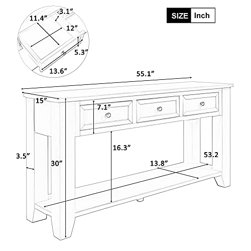 Farmhouse Modern 55 Inch Console Table Wood Sofa Entry Table with Drawers & Open Shelf for Living Room Entryway Bedroom (Blue)