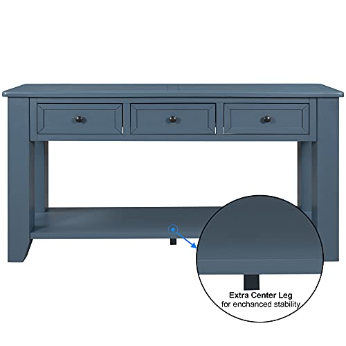 Farmhouse Modern 55 Inch Console Table Wood Sofa Entry Table with Drawers & Open Shelf for Living Room Entryway Bedroom (Blue)