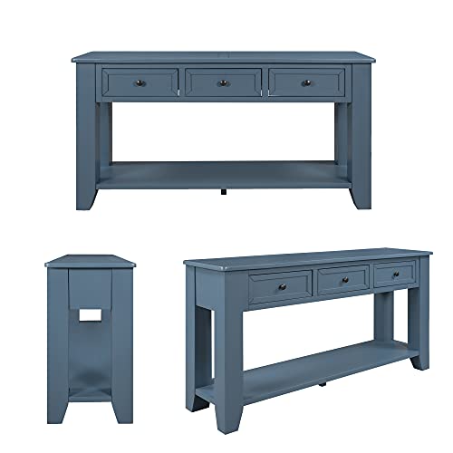 Farmhouse Modern 55 Inch Console Table Wood Sofa Entry Table with Drawers & Open Shelf for Living Room Entryway Bedroom (Blue)