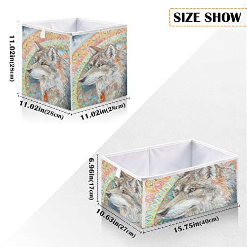 DOMIKING Wolf Mandala Branches Storage Bins for Gifts Foldable Cuboid Storage Basket with Sturdy Handle Large Baskets Organization for Closet Shelves Bedroom