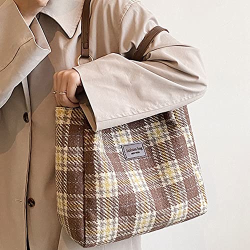 Fashion Shoulder Hobo Bags for Women Wool Tweed Tote Bags Plaid Pattern Bowknot Handbags and Purses Large Capacity (Tote)