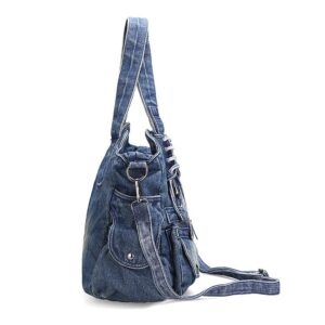 Denim Bag Jean Bag Women Hobo Bag Large Capacity Casual Multiple Pockets Shoulder Tote Bag (Blue)