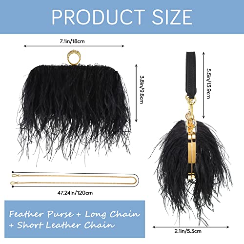 2 Pcs Feather Purse Clutch Ostrich Feather Evening Bag Rhinestone Purse Clutch Evening Bags for Wedding Anniversary Party (Black, Silver)