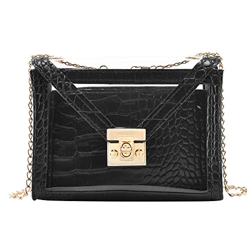 Ayliss Mini Clear Crossbody Purse Bag Crocodile 2 in 1 Transparent Shoulder Bag Clutch Clear Stadium Purse Handbags Chain (Mini,Black)