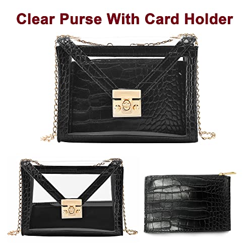 Ayliss Mini Clear Crossbody Purse Bag Crocodile 2 in 1 Transparent Shoulder Bag Clutch Clear Stadium Purse Handbags Chain (Mini,Black)