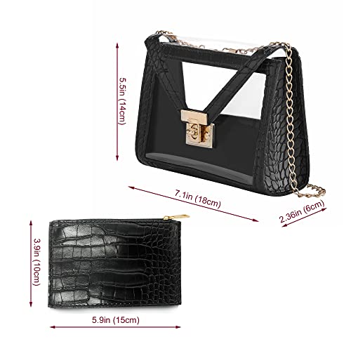 Ayliss Mini Clear Crossbody Purse Bag Crocodile 2 in 1 Transparent Shoulder Bag Clutch Clear Stadium Purse Handbags Chain (Mini,Black)