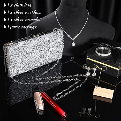 4 Pieces Silver Clutch Purses Bag for Women Evening Rhinestone Jewelry Set Bling Necklace Earrings Bracelets Set for Wedding (Elegant Style)