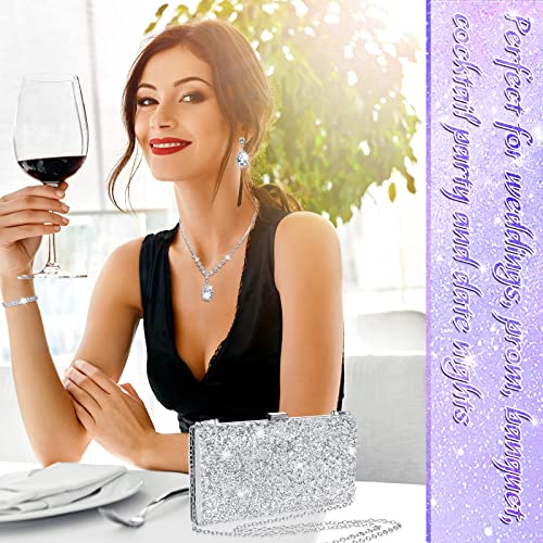 4 Pieces Silver Clutch Purses Bag for Women Evening Rhinestone Jewelry Set Bling Necklace Earrings Bracelets Set for Wedding (Elegant Style)