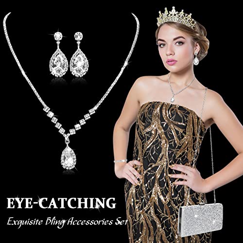 4 Pieces Silver Clutch Purses Bag for Women Evening Rhinestone Jewelry Set Bling Necklace Earrings Bracelets Set for Wedding (Elegant Style)