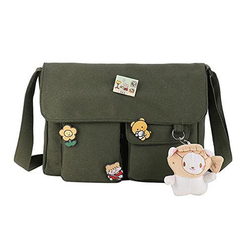 Canvas Crossbody Bag with Kawaii Pins and Pendent for Women Girls Casual Shoulder Messenger Bag Students Schoolbag