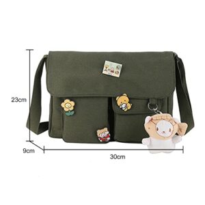 Canvas Crossbody Bag with Kawaii Pins and Pendent for Women Girls Casual Shoulder Messenger Bag Students Schoolbag