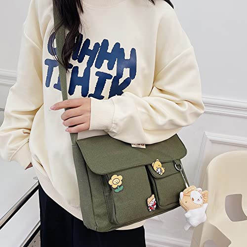 Canvas Crossbody Bag with Kawaii Pins and Pendent for Women Girls Casual Shoulder Messenger Bag Students Schoolbag