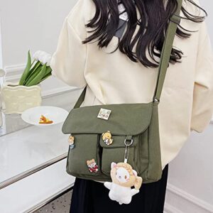 Canvas Crossbody Bag with Kawaii Pins and Pendent for Women Girls Casual Shoulder Messenger Bag Students Schoolbag