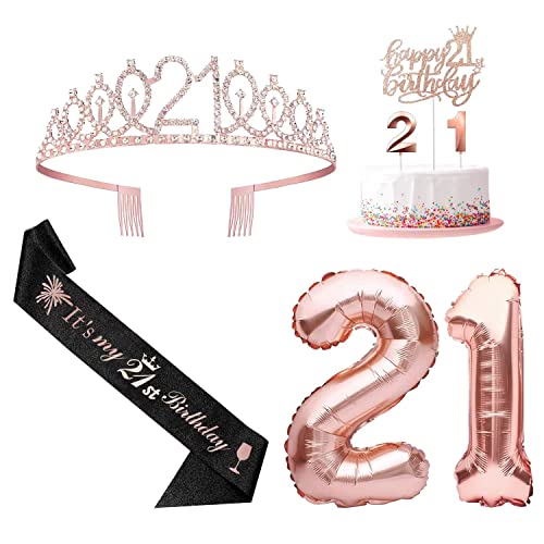 GYESXYW 21st Birthday Decorations for Her, Including 21st Birthday Sash Black Rose Gold, Cake Topper Candle and 32 Inch Rose Gold Large Foil Mylar Digital Balloons 21, 21st Birthday Gifts for Her