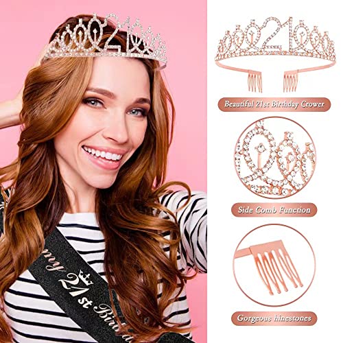 GYESXYW 21st Birthday Decorations for Her, Including 21st Birthday Sash Black Rose Gold, Cake Topper Candle and 32 Inch Rose Gold Large Foil Mylar Digital Balloons 21, 21st Birthday Gifts for Her