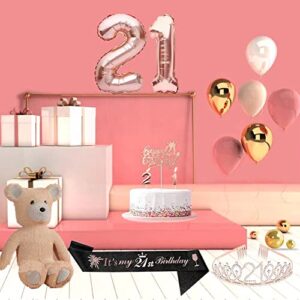 GYESXYW 21st Birthday Decorations for Her, Including 21st Birthday Sash Black Rose Gold, Cake Topper Candle and 32 Inch Rose Gold Large Foil Mylar Digital Balloons 21, 21st Birthday Gifts for Her