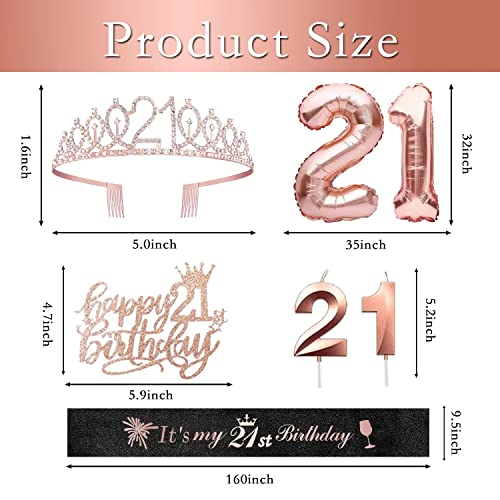 GYESXYW 21st Birthday Decorations for Her, Including 21st Birthday Sash Black Rose Gold, Cake Topper Candle and 32 Inch Rose Gold Large Foil Mylar Digital Balloons 21, 21st Birthday Gifts for Her