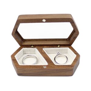 DSHOM Wooden Ring Box Transparent Lid Couple Rings Box for Engagement Wedding Box Two Slots White Velvet Small Jewelry Box for Stud Earrings Bracelet Necklace