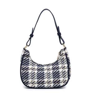 chloe soo women shoulder bags half moon purse hobo underarm purse tote handbag retro blue classic plaid tweed zipper 18