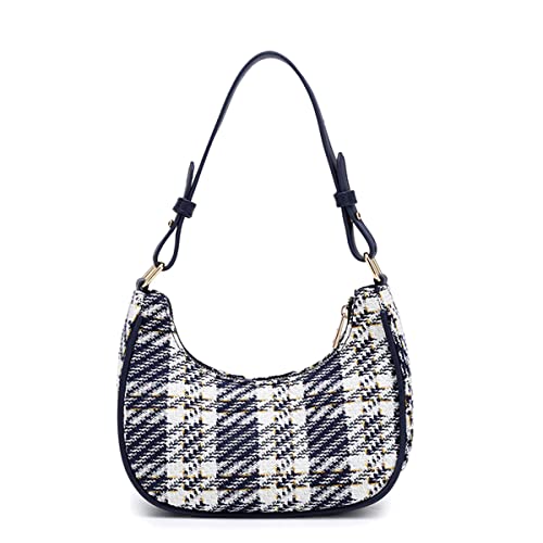 Chloe soo Women Shoulder Bags half moon purse Hobo Underarm Purse Tote Handbag Retro Blue Classic Plaid Tweed Zipper 18