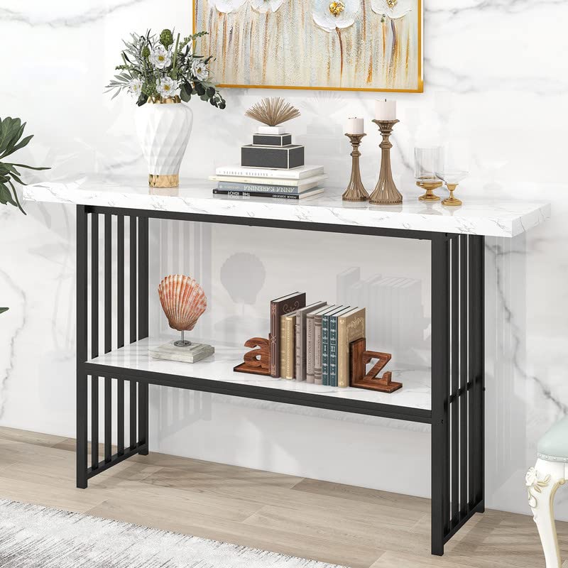 Qiyom 63" Modern Console Table for Entryway, Faux Marble Entryway Table with Storage Shelf and Metal Frame, Extra Long Sofa Table for Behind Couch, Hallway, Living Room - Black & White