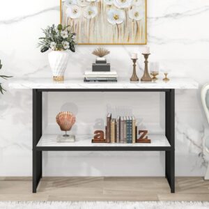 Qiyom 63" Modern Console Table for Entryway, Faux Marble Entryway Table with Storage Shelf and Metal Frame, Extra Long Sofa Table for Behind Couch, Hallway, Living Room - Black & White