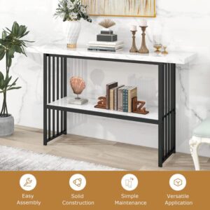 Qiyom 63" Modern Console Table for Entryway, Faux Marble Entryway Table with Storage Shelf and Metal Frame, Extra Long Sofa Table for Behind Couch, Hallway, Living Room - Black & White